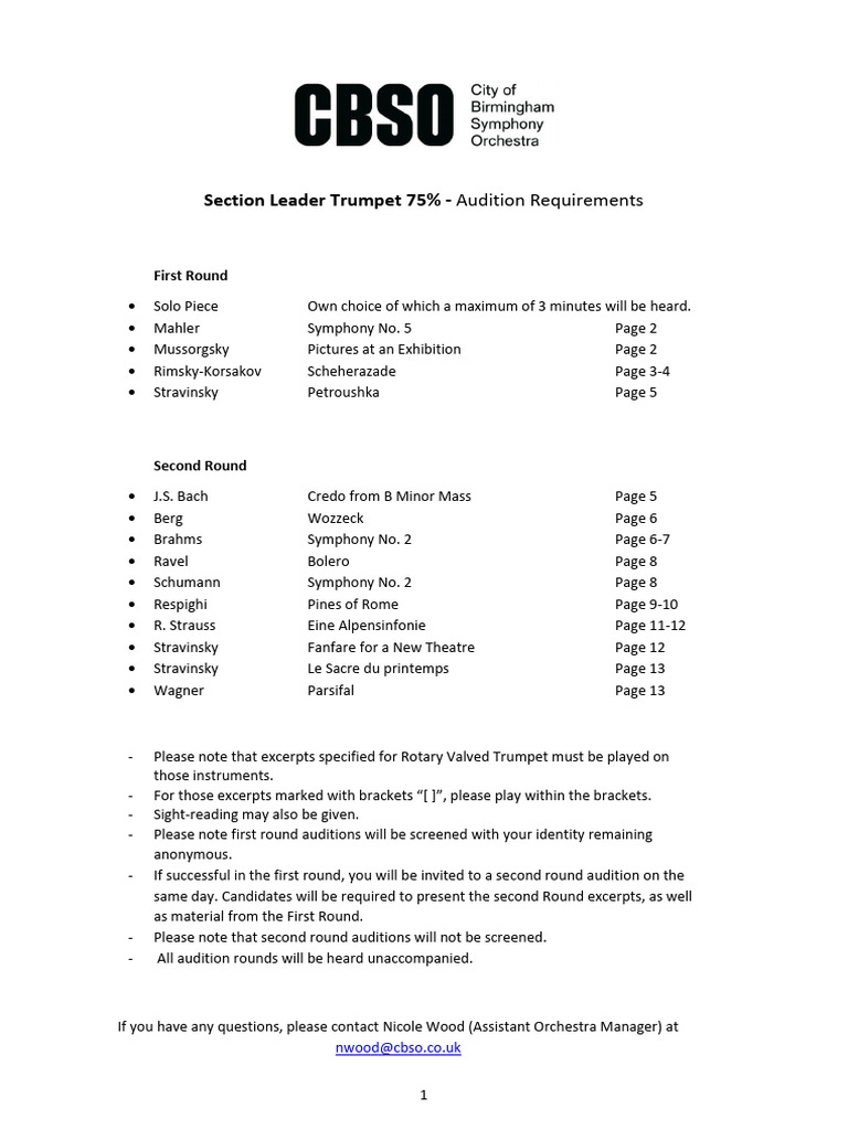 Section Leader Trumpet 75 Audition Booklet PDF | PDF | Symphony ...
