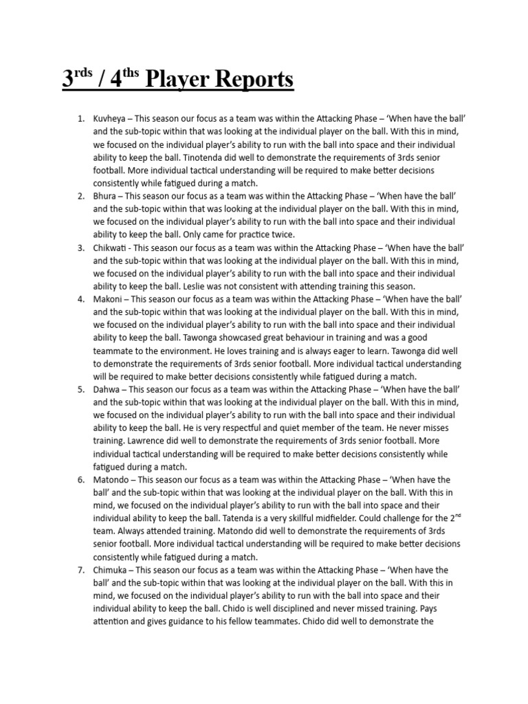 3rds Player Reports | PDF | Cognition | Psychology