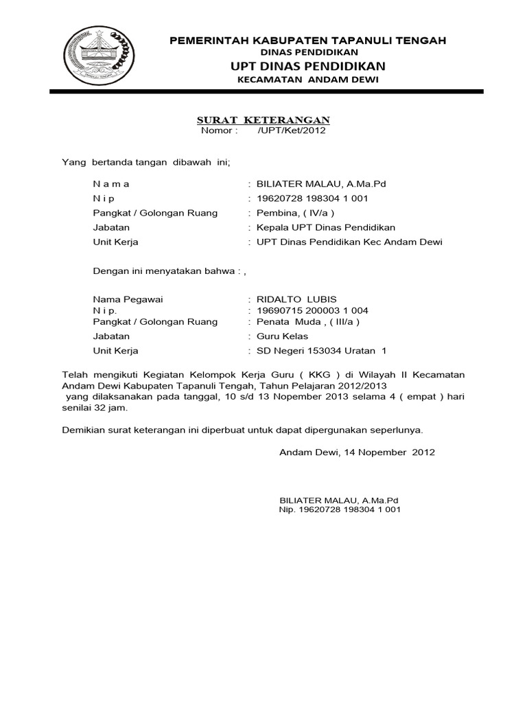 Surat Keterangan KKG | PDF