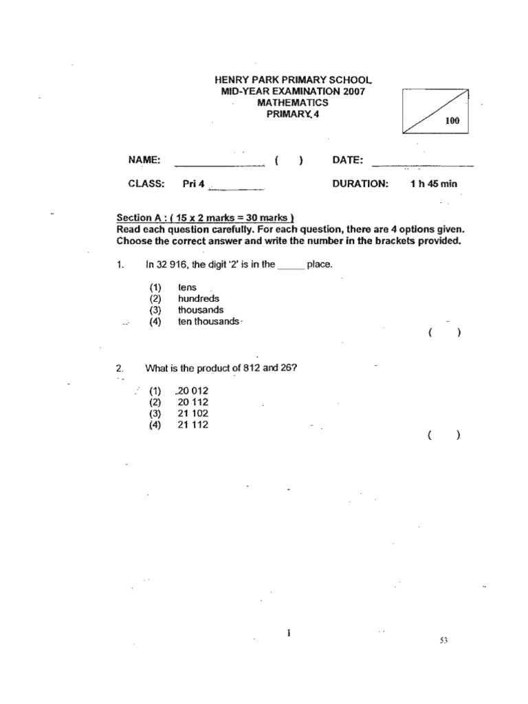 P4 Maths SA1 2007 Henry Park | PDF