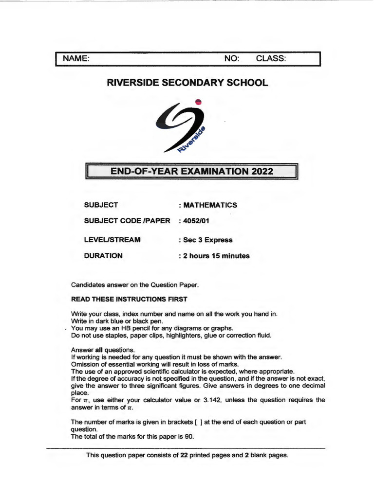 E-Math - Sec 3 - SA 2 - 2022 - Riverside Sec | PDF | Area | Mathematics