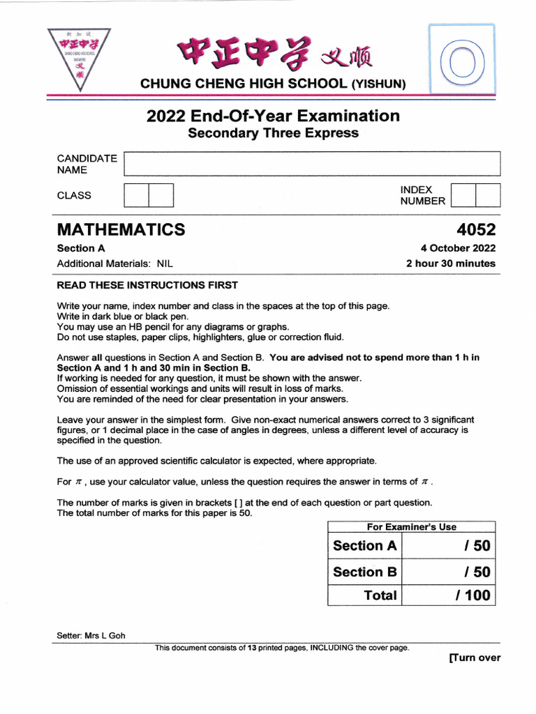E-Math - Sec 3 - SA 2 - 2022 - Chung Cheng Yishun | PDF | Mathematics