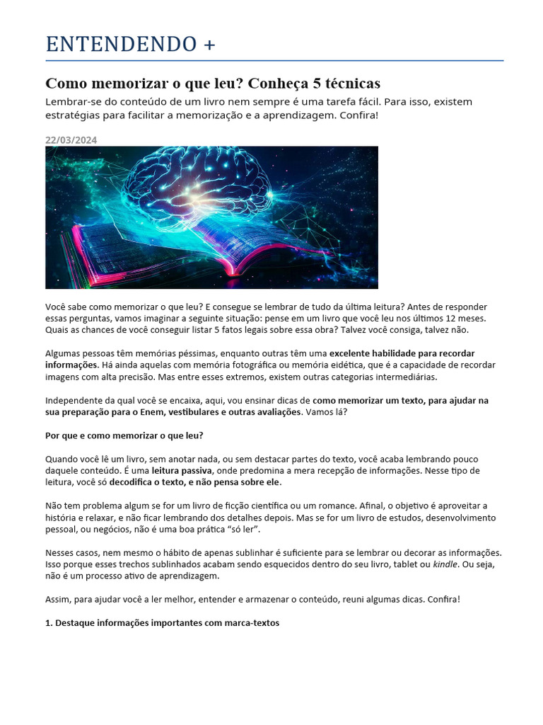 Técnicas para Memorizar Leituras | PDF | Informação | Memória