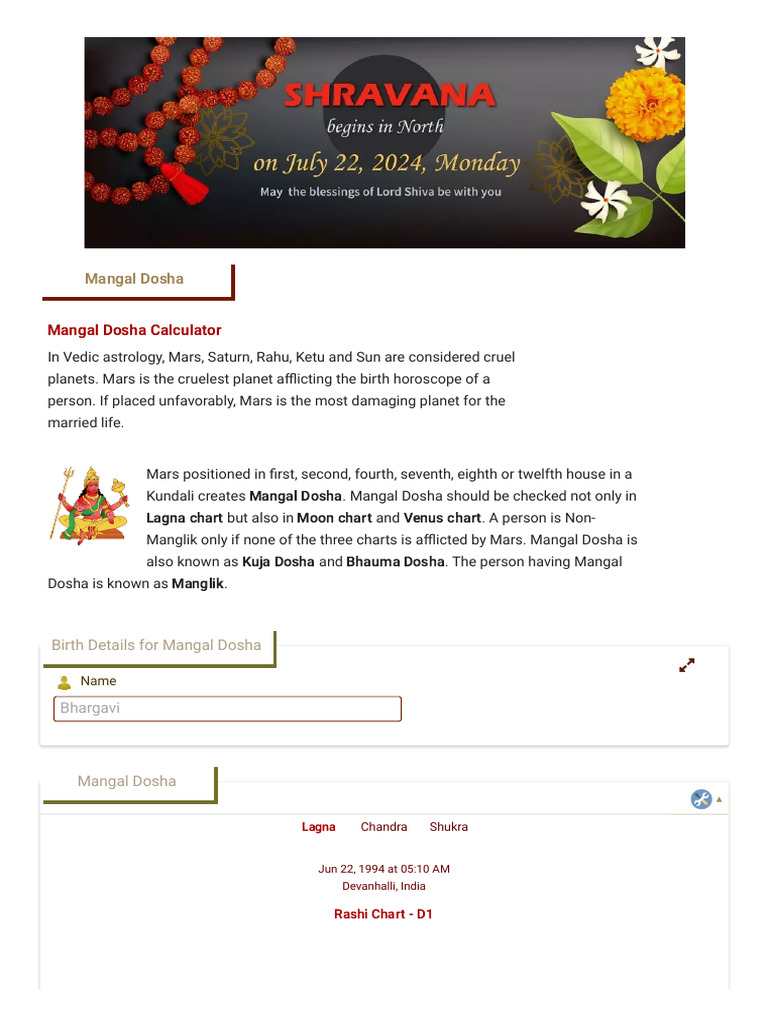 Mangal Dosha - Kuja Dosha Calculator - Manglik Dosha Finder | PDF ...