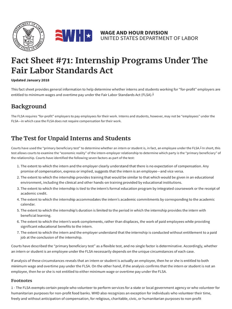 Fact Sheet #71 - Internship Programs Under The Fair Labor Standards Act - U.S. Department of ...