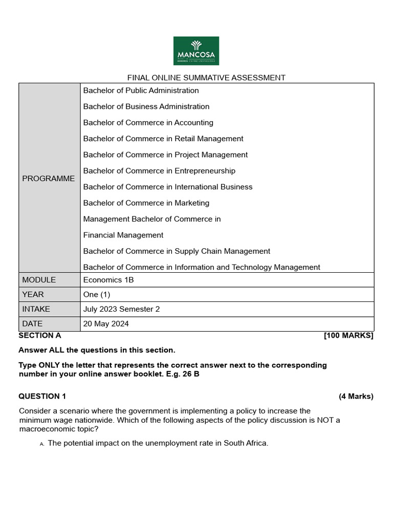 Economics 1B Summative Assessment 2023 | PDF | Inflation | Consumption ...
