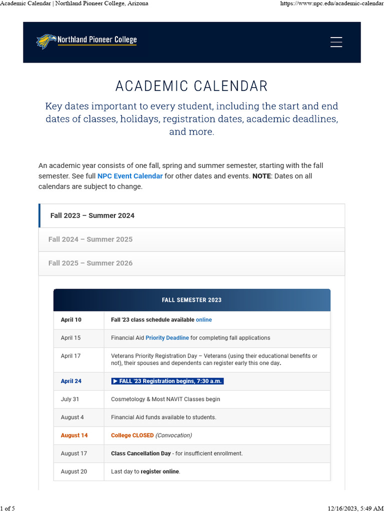 Academic Calendar Northland Pioneer College, Arizona | PDF | Academic Term | Academia