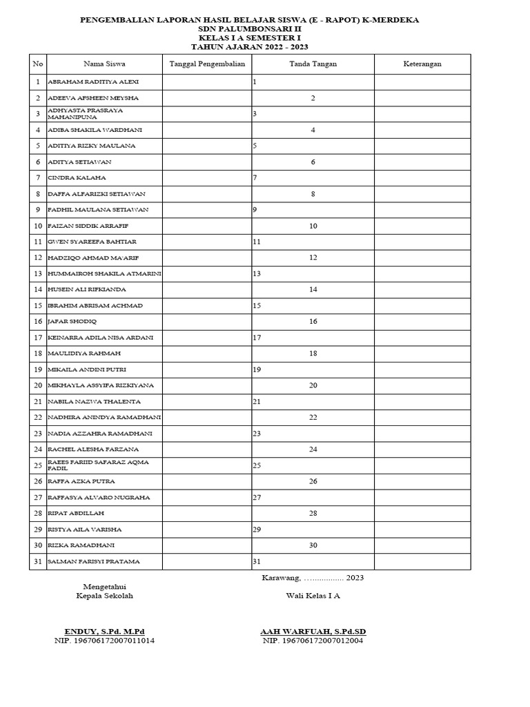 Daftar Pengembalian Rapot 2023-2024 | PDF