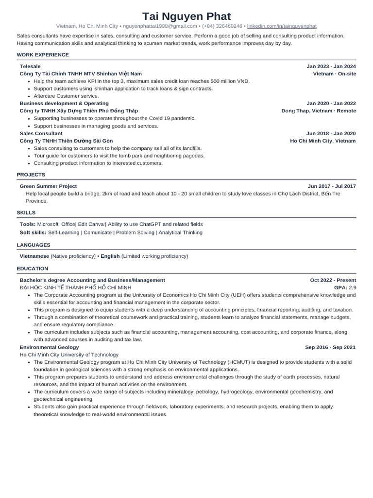 Resume Tai Nguyen Phat | PDF | Geology | Accounting