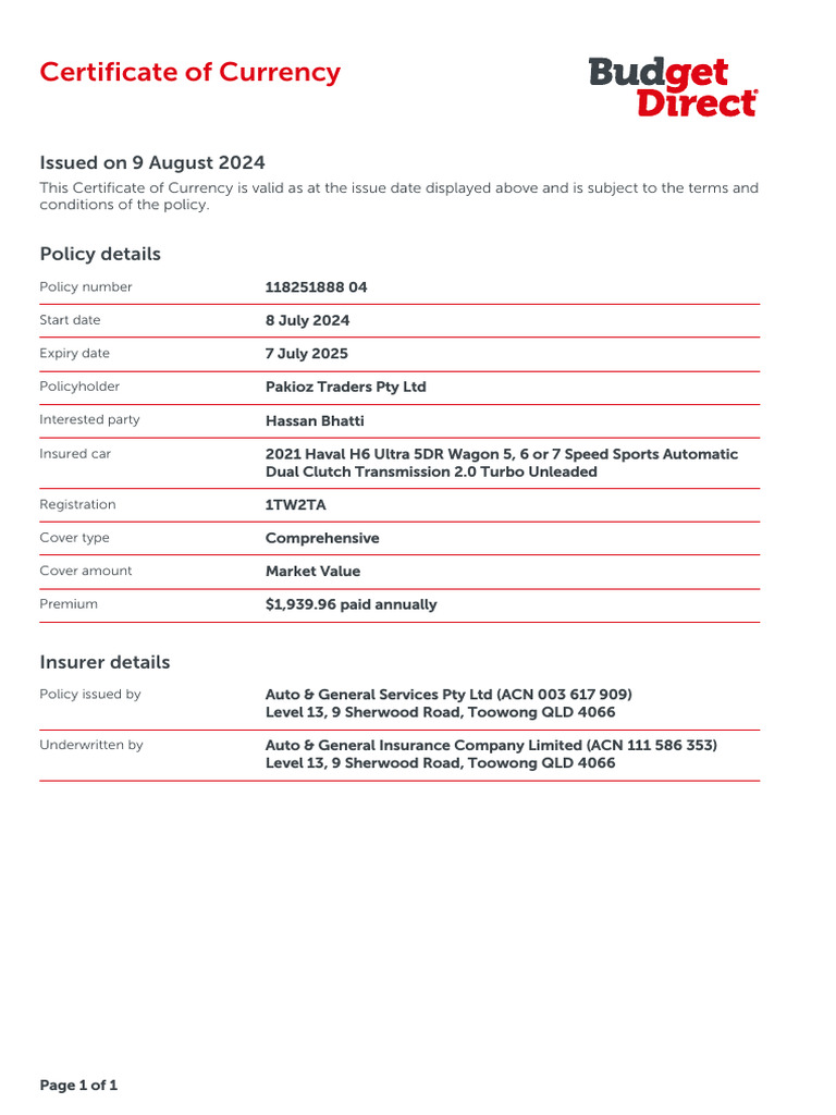 Car Insurance - Certificate - of - Currency | PDF