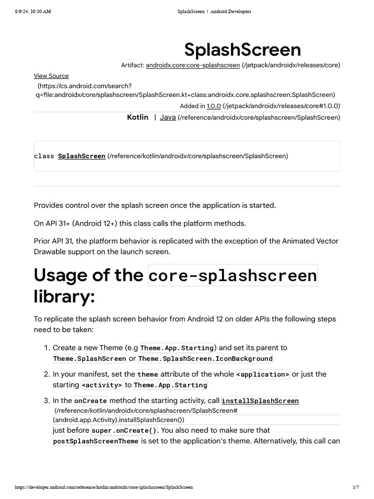 SplashScreen - Android Developers | PDF | Android (Operating System) | Computer Programming