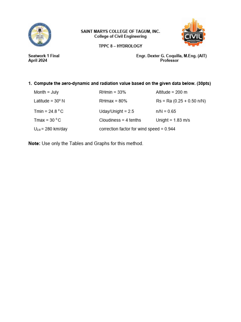 Seatwork Hydrology Finals 2024 | PDF | Science & Mathematics