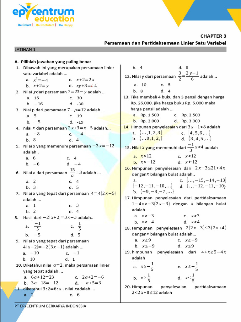 Chapter 3 Persamaan Dan Pertidaksamaan Linier Satu Variabel | PDF