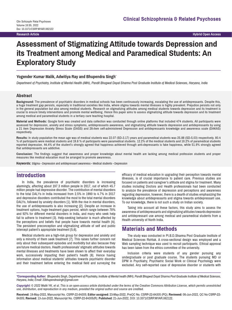 Assessment of Stigmatizing Attitude Towards Depression and Its Treatment Among Medical and ...