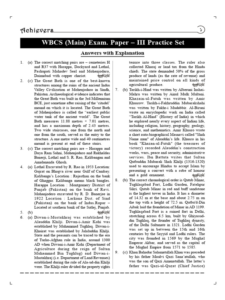 WBCS (Main) Exam. Paper-III Practice Set PG 100-108 | PDF | British Raj ...