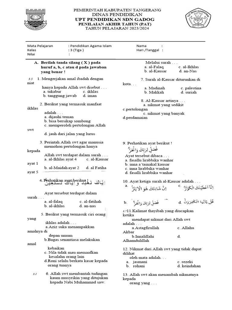 Soal Pat KLS 3 Pai @ | PDF