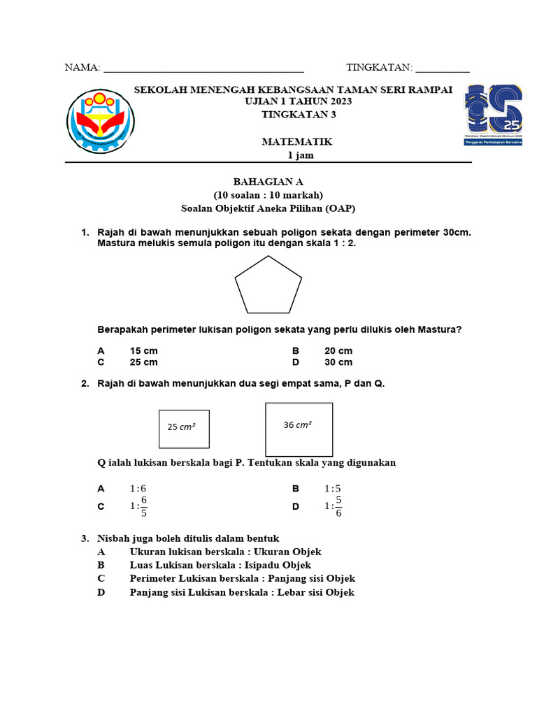 Ujian 1 Math Ting 3 | PDF