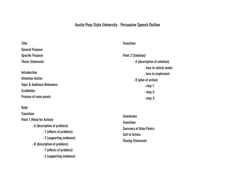 Austin Peay State University - Persuasive Speech Outline | PDF