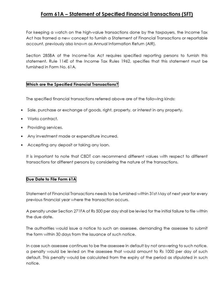 Filing Form 61A for SFT Reporting | PDF | Banks | Taxes