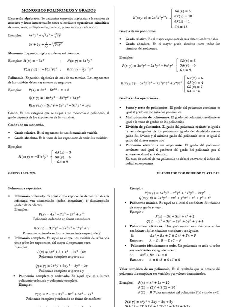 Monomios, Polinomios y Grados Ejercicios | PDF | Ciencia computacional ...