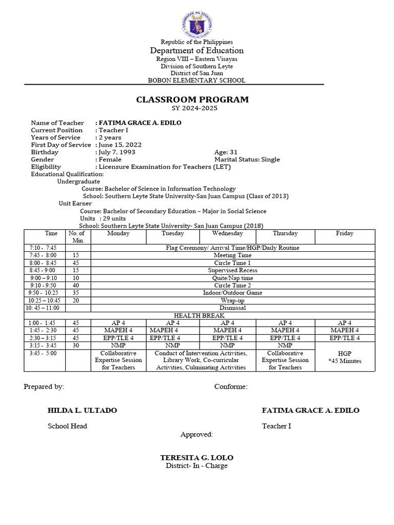 Matatag Class Program Kinder | PDF | Teachers