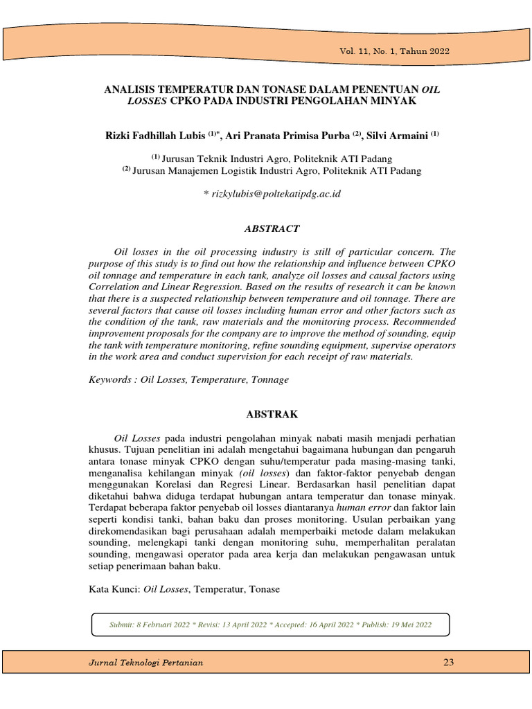 Analisis Temperatur Dan Tonase Cpko | PDF