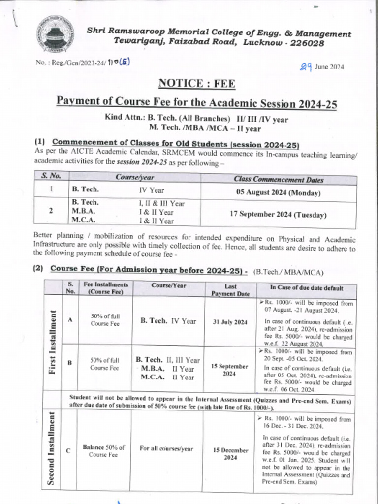 Notice - Commencement of Classes and Fee Submission Schedule (Session ...