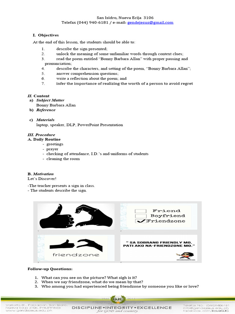 Lesson Plan Bonny Barbara Allan Sept 16 | PDF