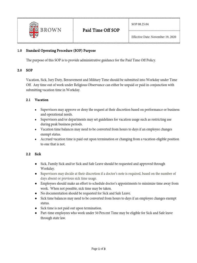 Sop08.25.04 - Paid Time Off Sop-Approved Nov - 19 - 20 | PDF | Working ...