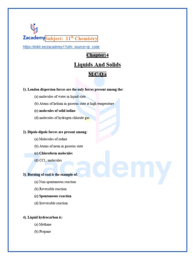 11th Grade Chemistry: Liquids & Solids MCQs | PDF | Intermolecular ...