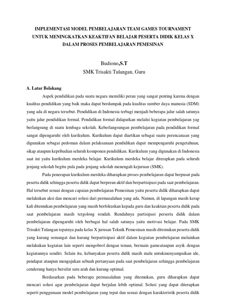 Implementasi Model Pembelajaran Team Games Tournament Untuk Meningkatkan Keaktifan Belajar ...