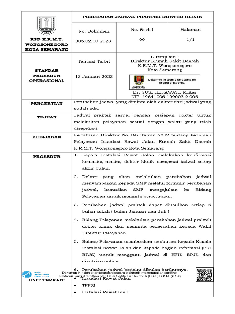 Perubahan Jadwal Praktek Dokter RS Wongsonegoro | PDF