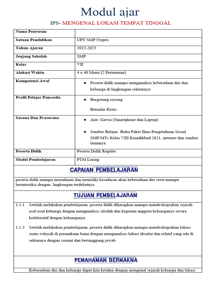 Modul Ajar Keberadaan Diri Dan Keluarga Pdf