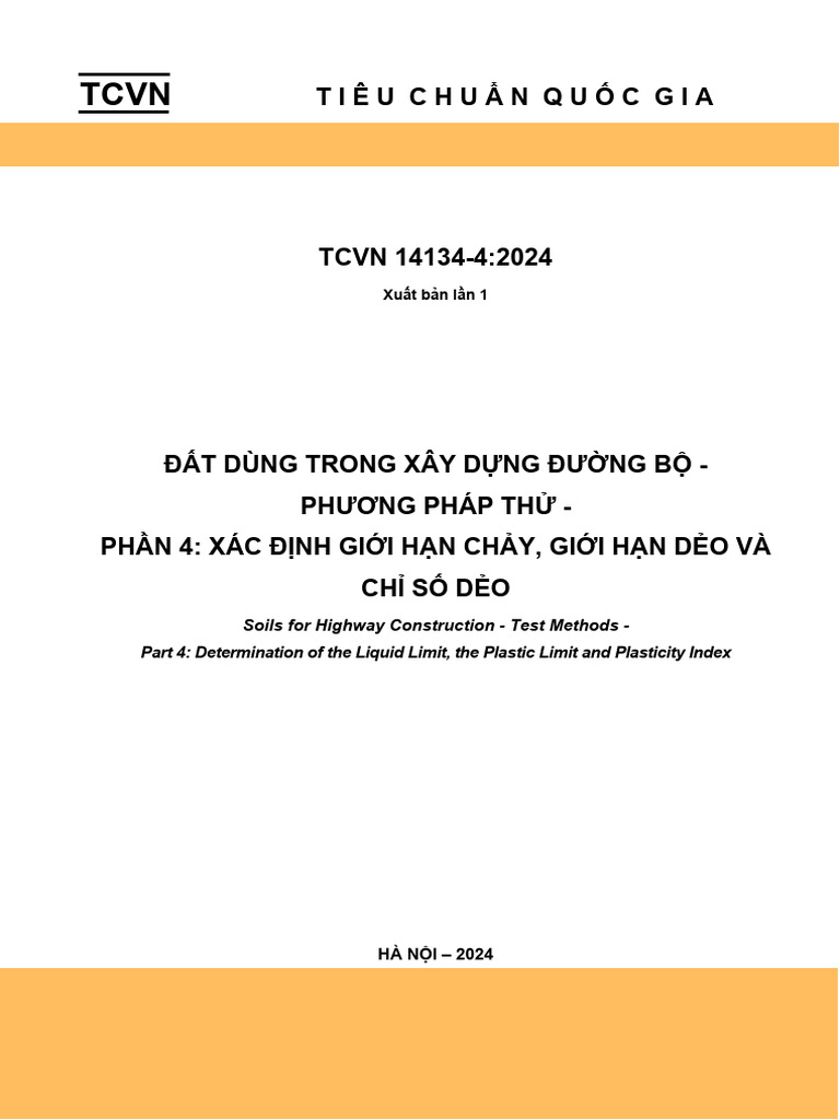 TCVN 14134-4-2024 (MOD AASHTO T89 T90) Đất dùng trong xây dựng đường bộ. Phương pháp thử. Phần 4 ...