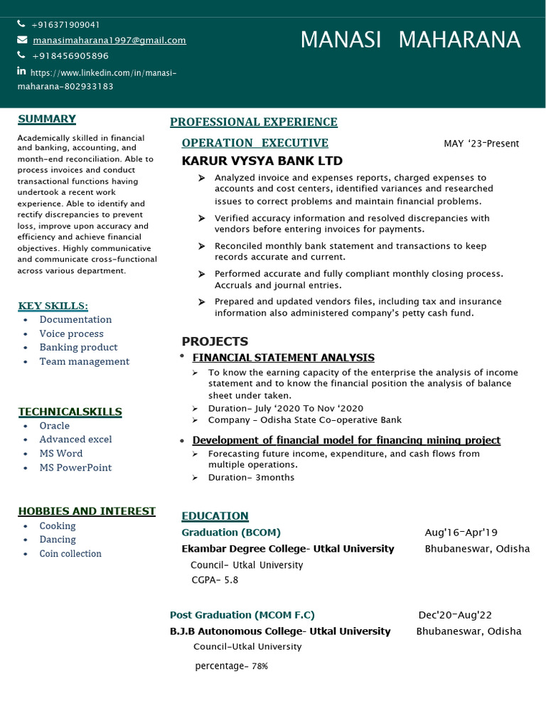 Manasi Maharana CV | PDF | Expense | Financial Services