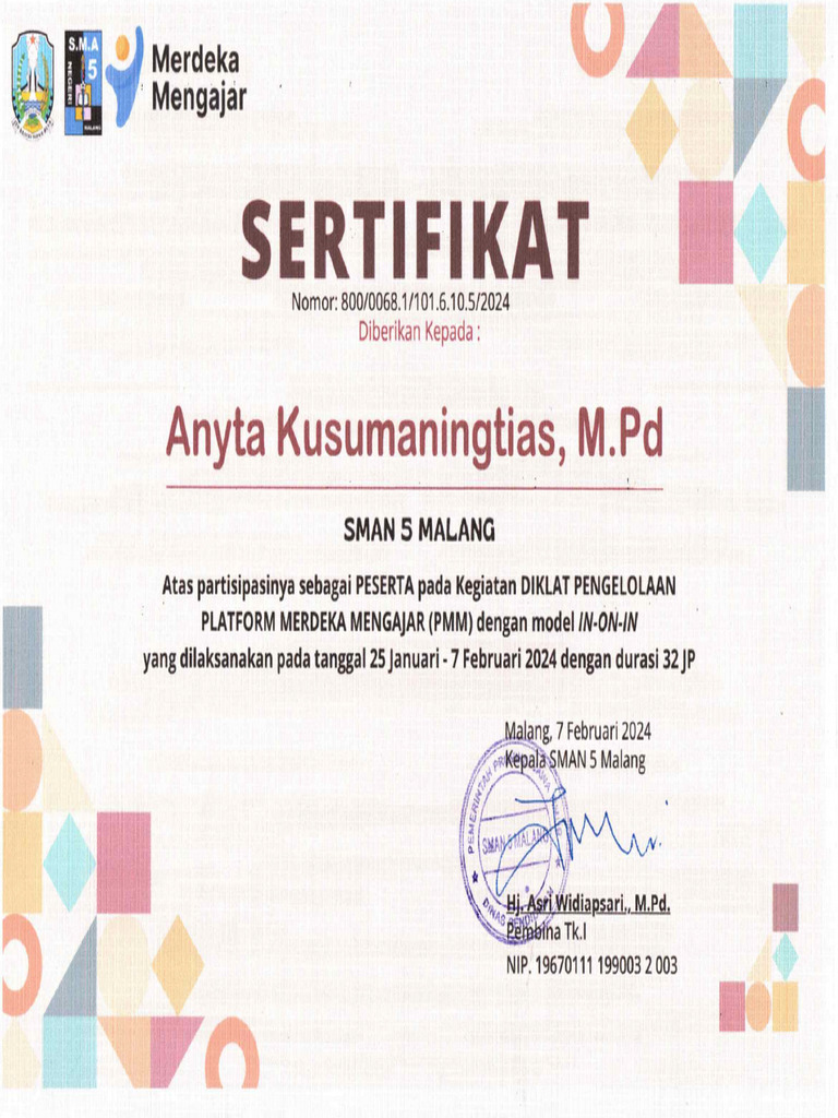 Sertifikat Diklat PMM - Anyta K | PDF