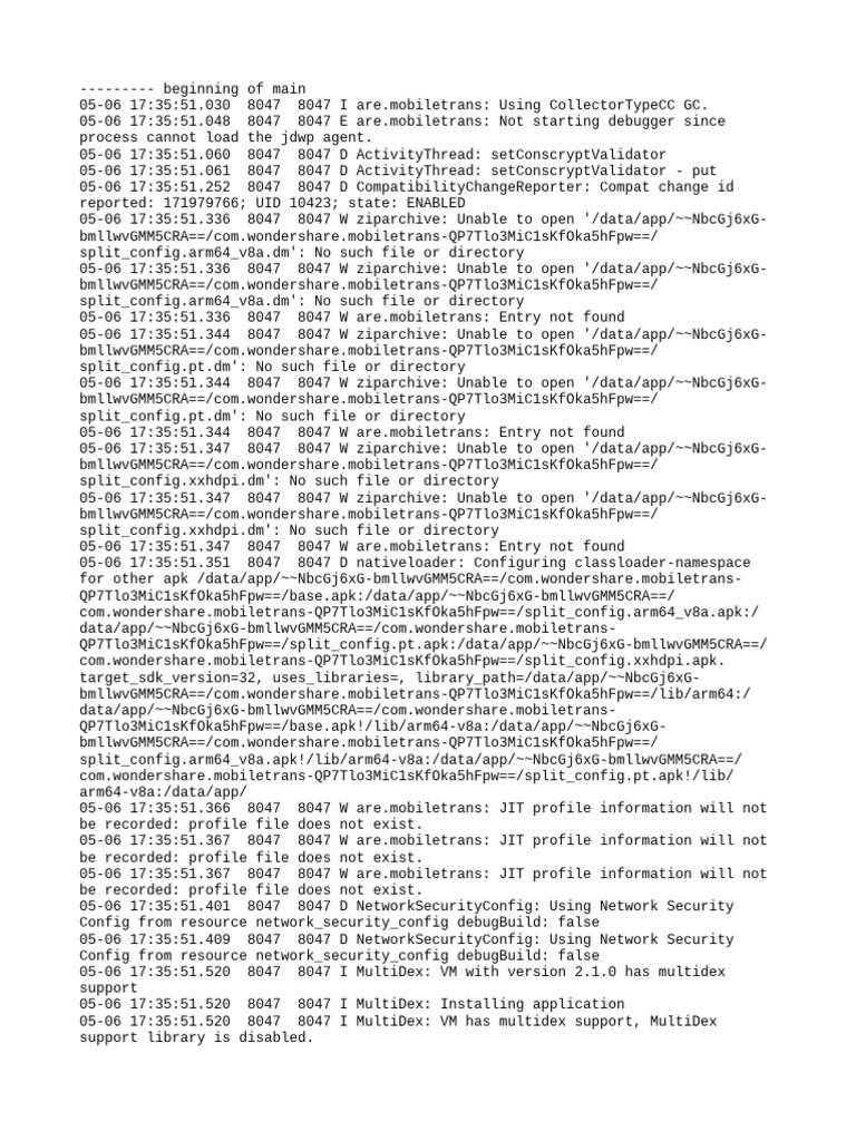 MobileTrans Debugging Log Analysis | PDF | Android (Operating System) | Mobile App