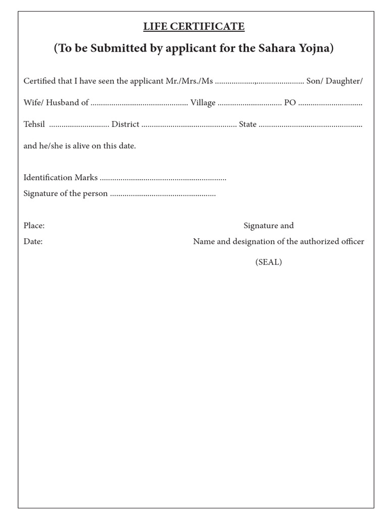 Sahara Yojna Life Certificate Form | PDF