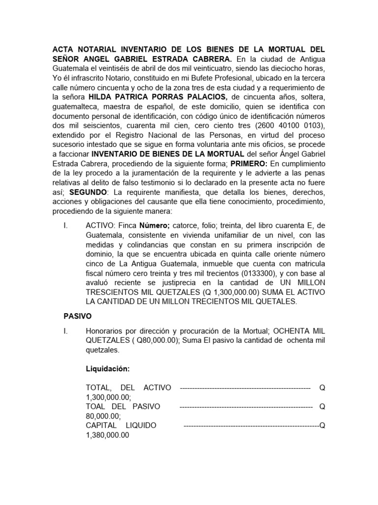 Acta Notarial Inventario de Los Bienes de La Mortual Del Señor Angel ...