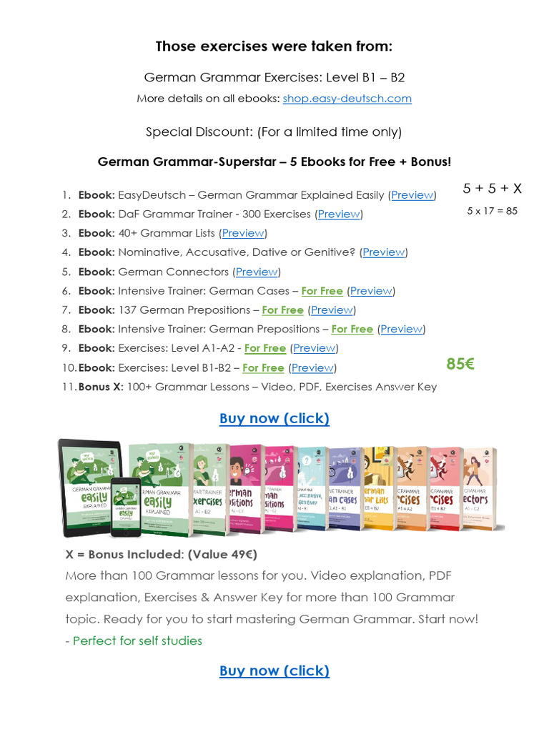 Preview 10 German Grammar Exercises Level B1 B2 | PDF | Verb | Language ...