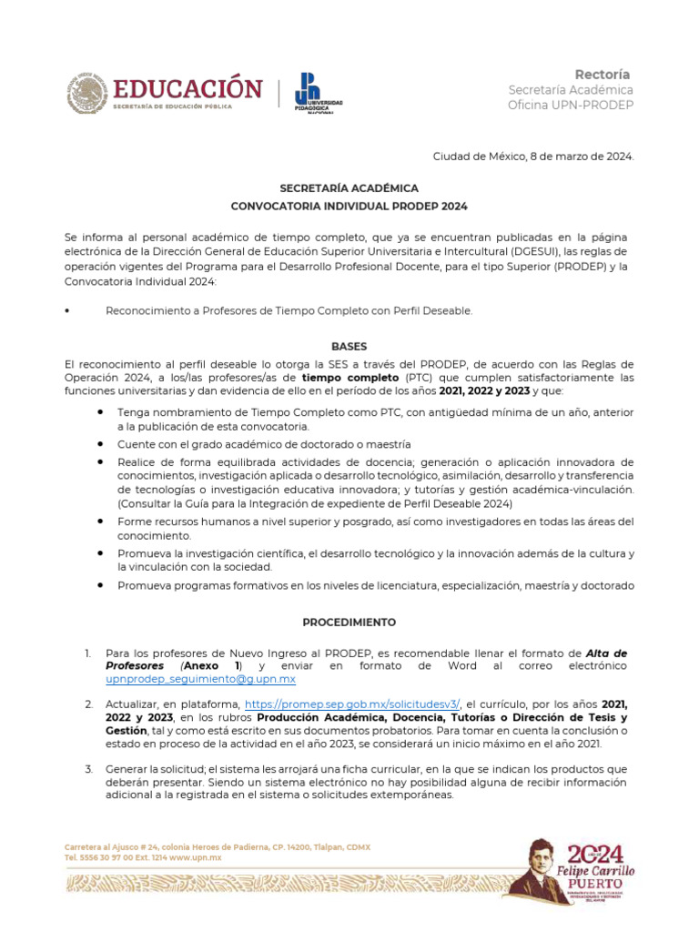 Upn-prodep Convocatoria 2024 Perfil Deseable | PDF | Educación más alta ...