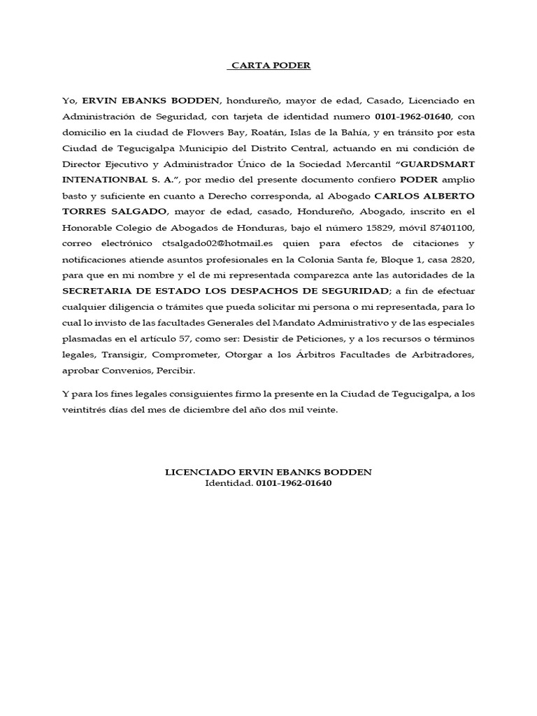 Carta Poder GUARDSMART INTERNATIONAL S. A. | PDF | Derecho
