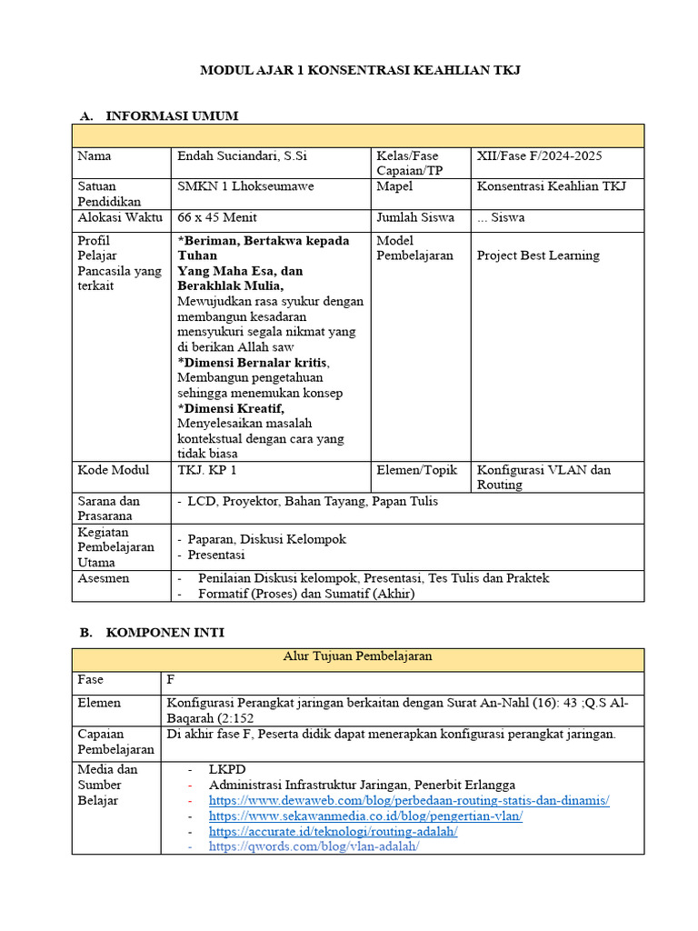 MODUL AJAR 1 Elemen 4 KP 1 KONSENTRASI KEAHLIAN TKJ Kls XII | PDF