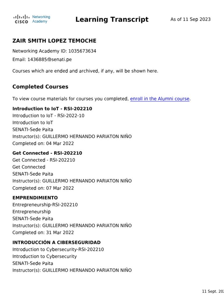 NetAcad Learning Transcript | PDF | Telecommunications | Information Technology