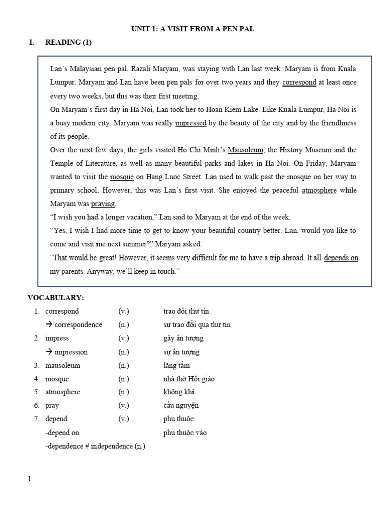 ENGLISH 9 - Unit 1 - A Visit From A Pen Pal | PDF | Malaysia | Vietnam