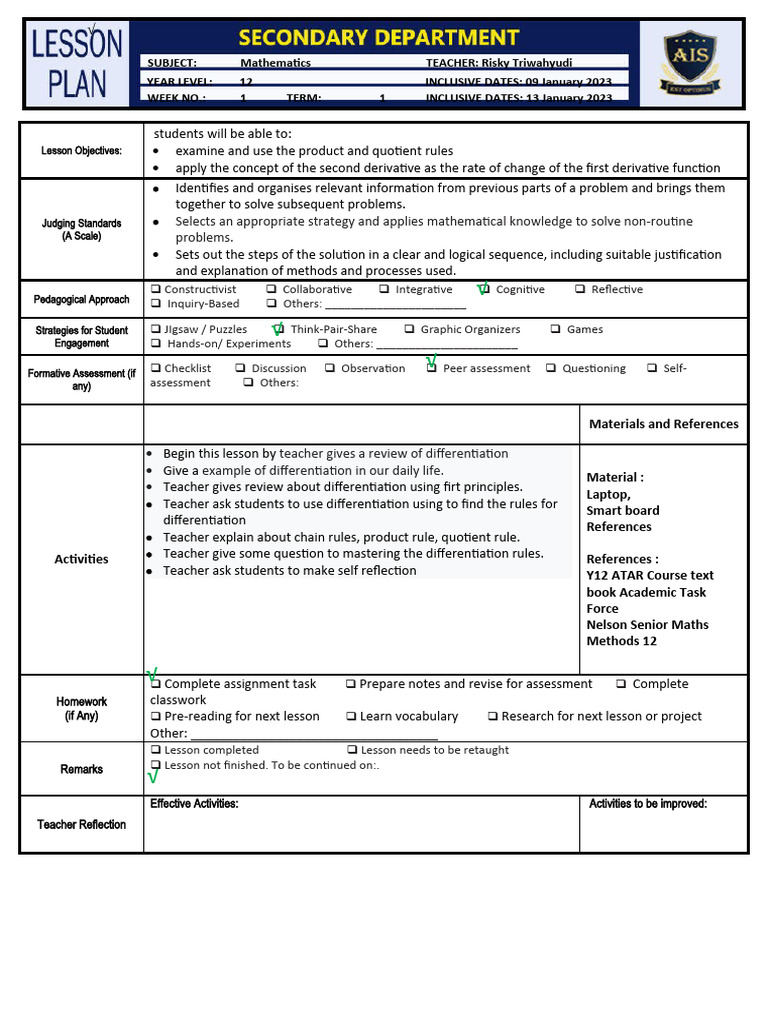 Lesson Plan T1 Week 1 Y12 09-13jan 2023 | PDF | Teachers | Inquiry ...