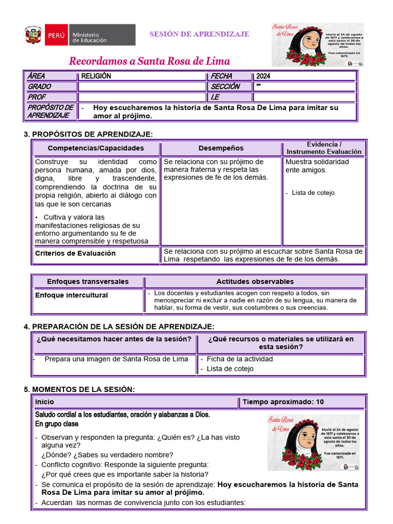 Sesión Santa Rosa de Lima | PDF | Oración | Aprendizaje