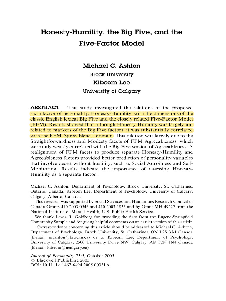 Ashton 2005 | PDF | Social Psychology | Psychological Theories