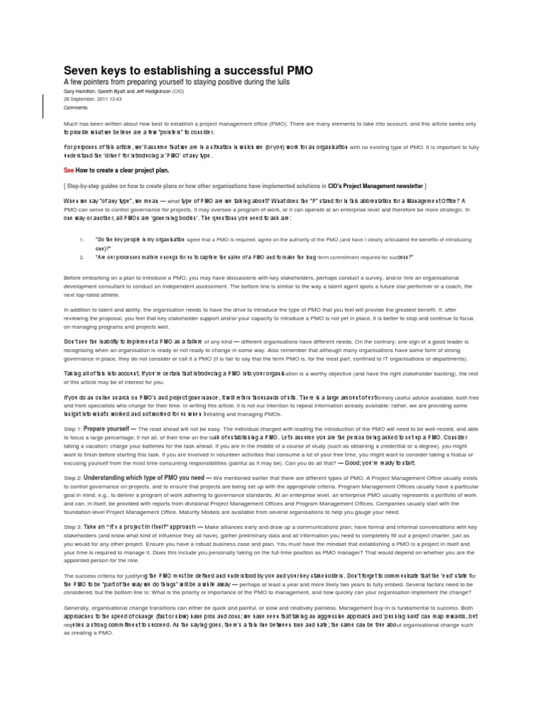 Seven Keys To Establishing A Successful PMO: A Few Pointers From Preparing Yourself To Staying ...