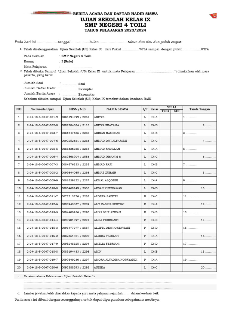 Daftar Nilai Us 2024 | PDF